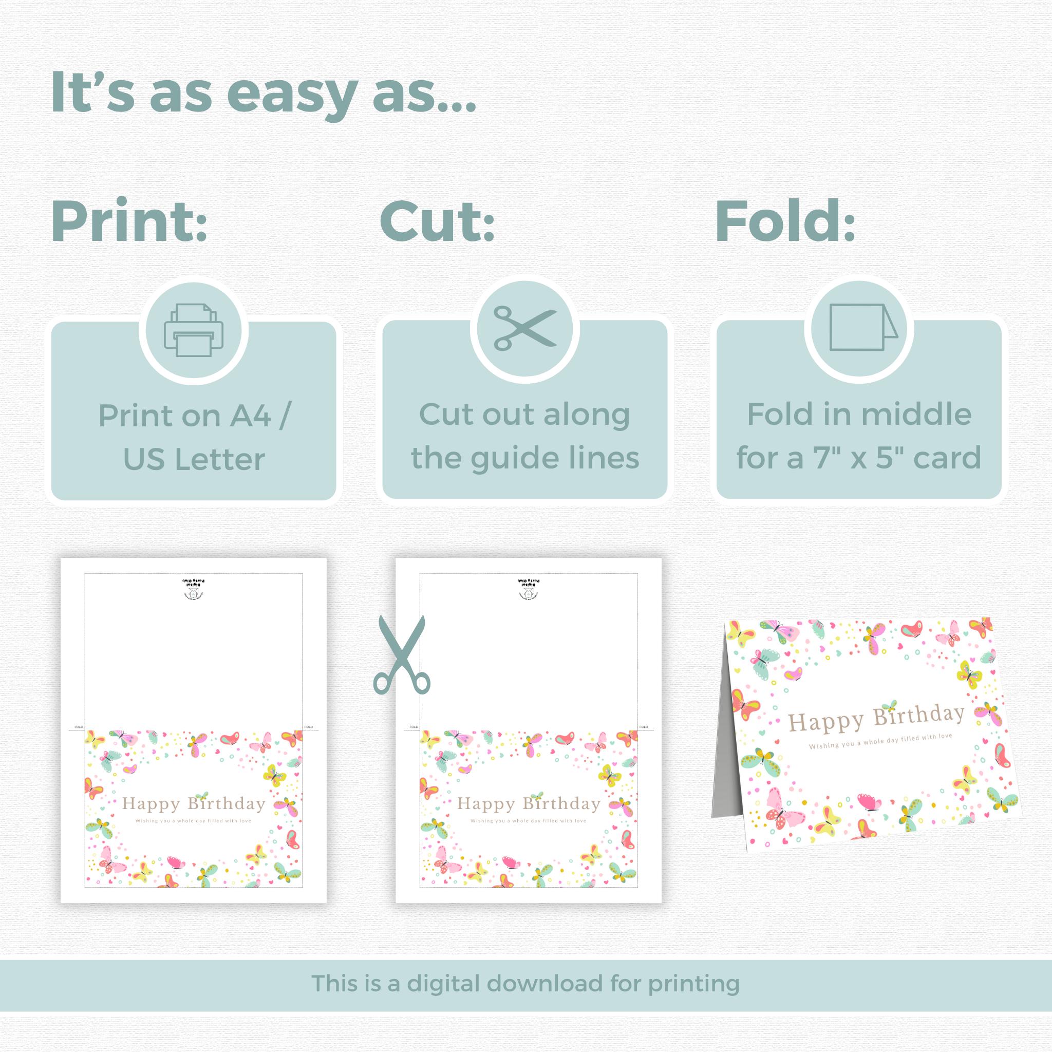 Printable Birthday Card With Pretty Butterflies Instant Download Print ...