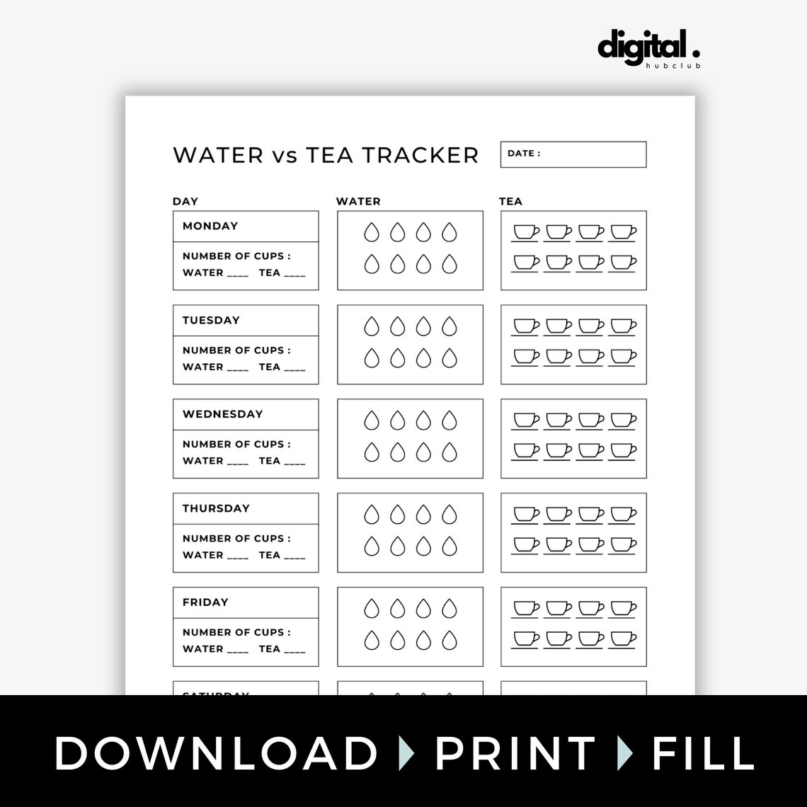 Water Hydration Tracker Water Vs Tea Daily Water Goal - Etsy