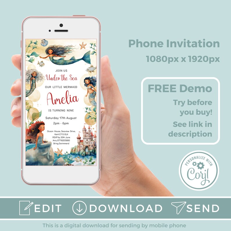 Editable Mermaid Under the Sea Phone Invitation Template, Editable ...