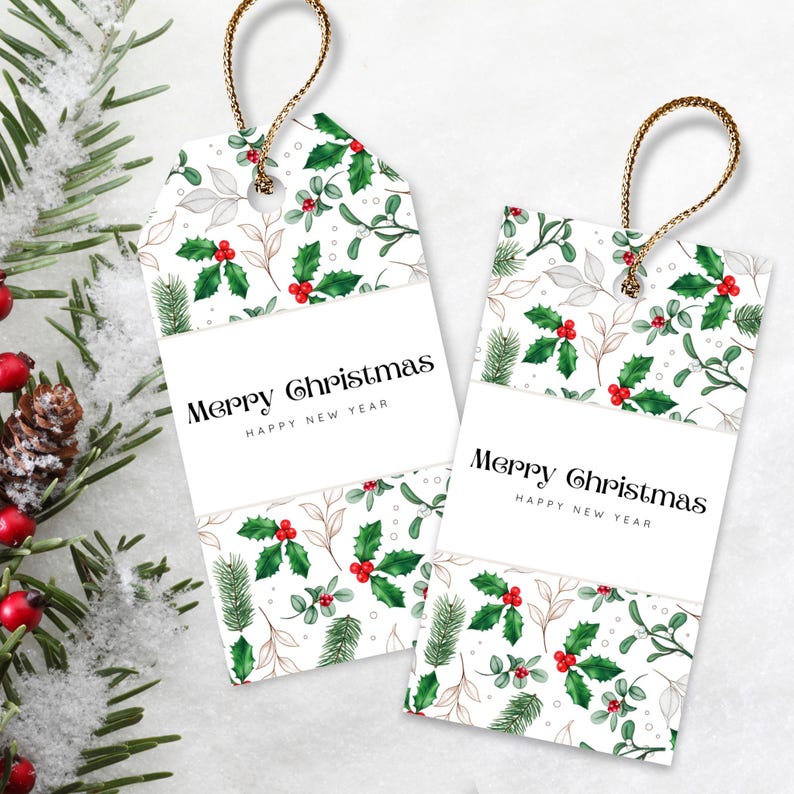Printable Christmas Gift Tag Holly Berries and Mistletoe, Festive ...