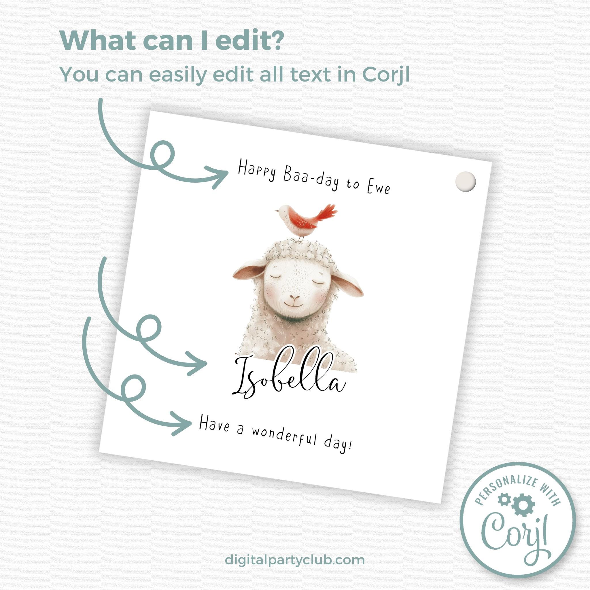 Editable Sheep Birthday Gift Tag, Cute Farm Animal Party Favour ...