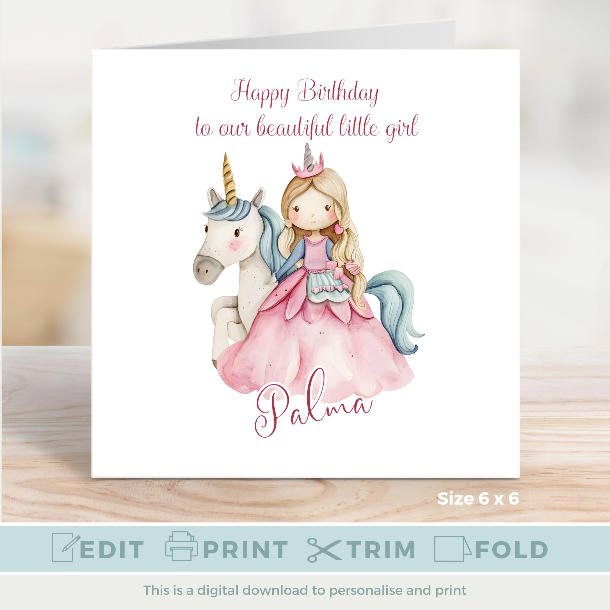 Personalised Unicorn Birthday Card, Beautiful Little Girl Custom Card ...