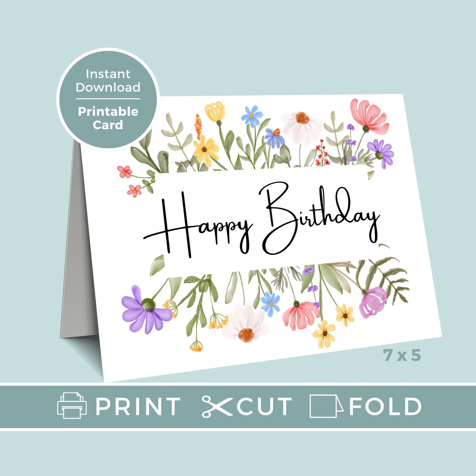 Printable Birthday Card With Flowers, Floral Birthday Card, Printable ...