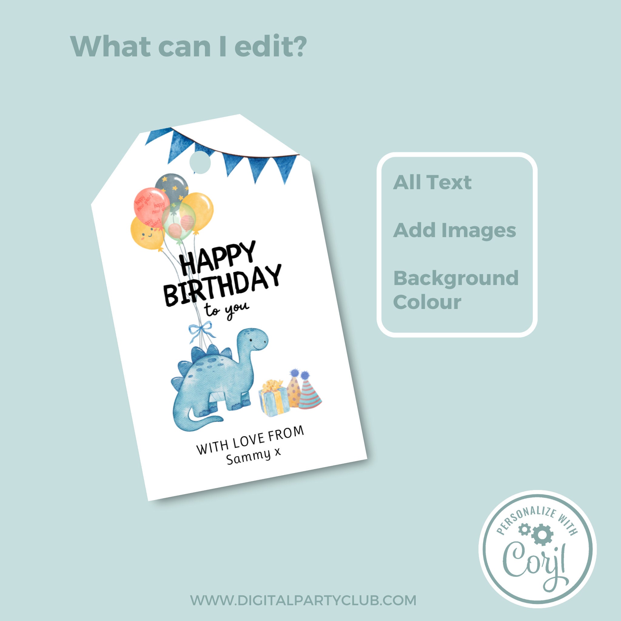Personalised Birthday Gift Tag With Dinosaur, Kids Gift Tag, Edit and ...