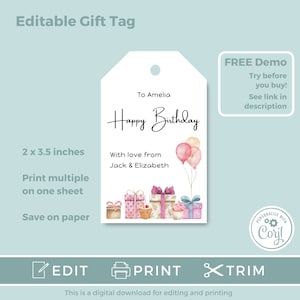 Editable Happy Birthday Present Gift Tag, Birthday Favour Tag Instant ...