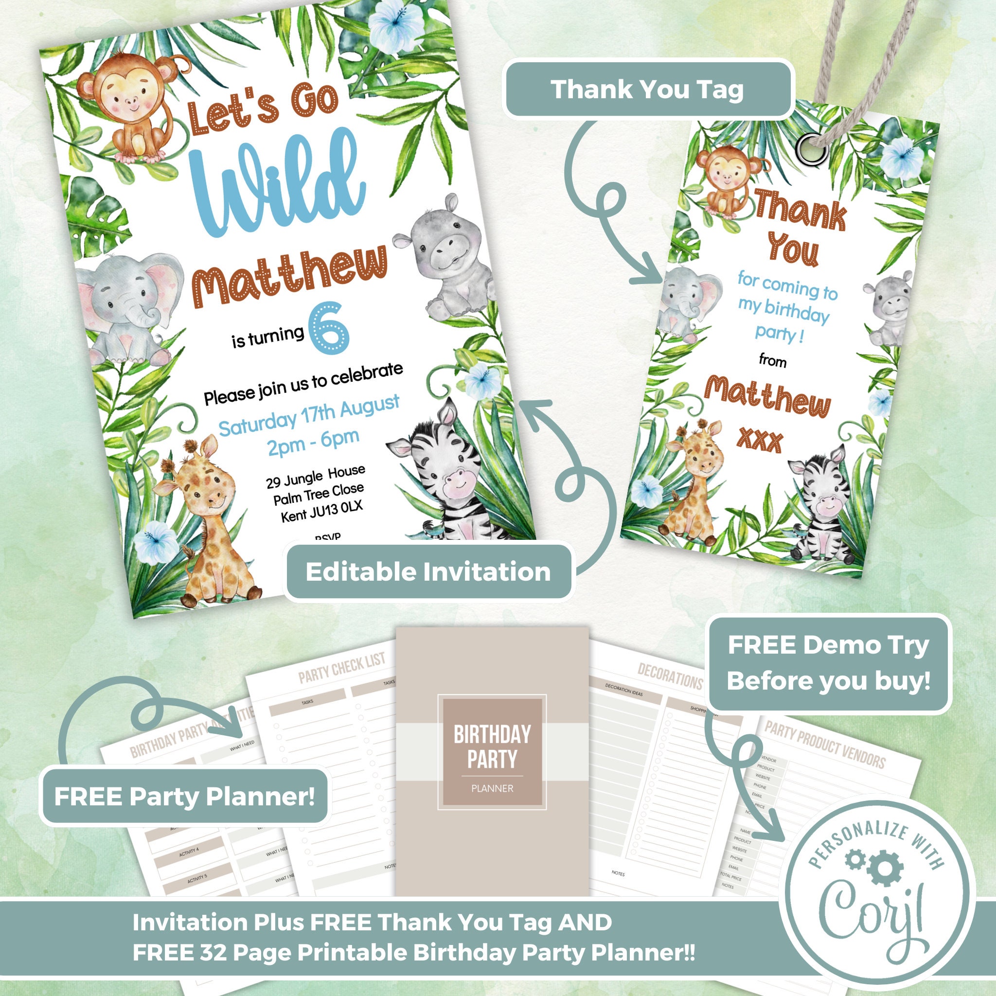 Editable Lets Go Wild Birthday Invitation, Animal Theme Boys Party ...