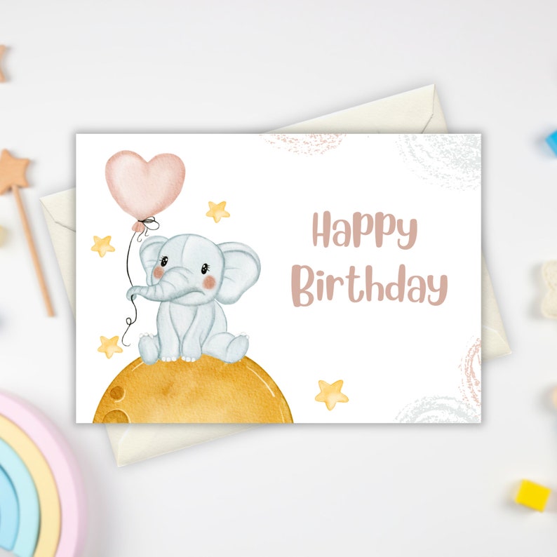 Printable Birthday Card, Happy Birthday Card Baby Elephant, Greetings ...