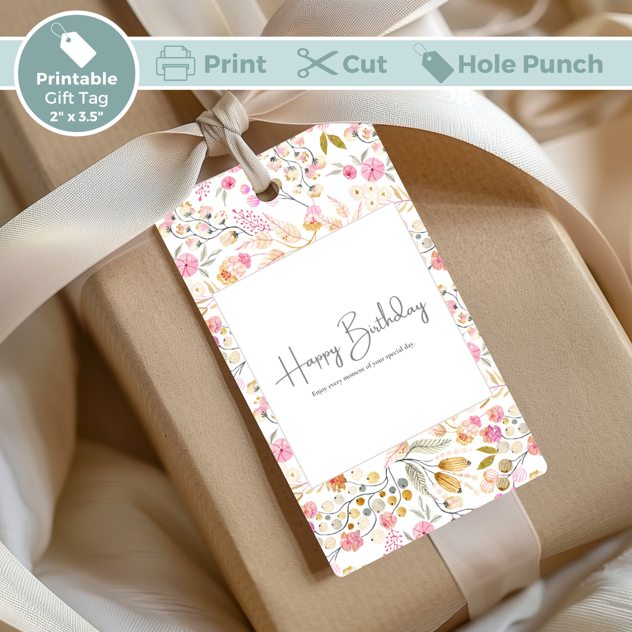 Printable Birthday Gift Tag With Floral Design, Print at Home, Instant ...