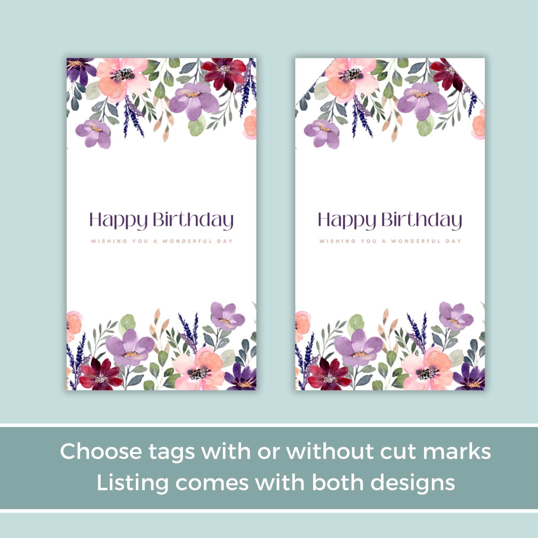 Printable Birthday Purple Pink Flower Gift Tag, Print at Home, Instant ...