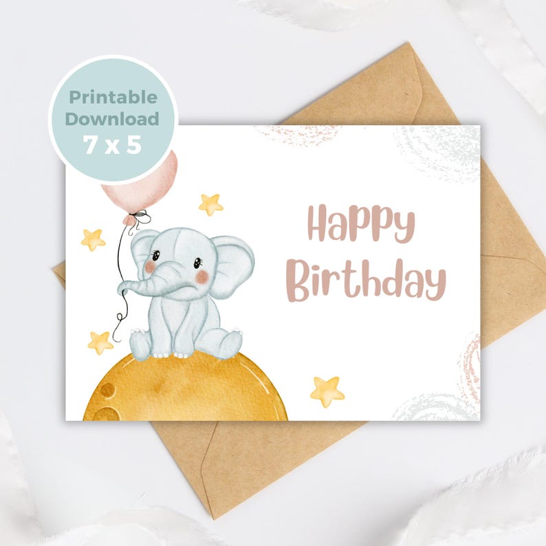 Printable Birthday Card, Happy Birthday Card Baby Elephant, Greetings ...