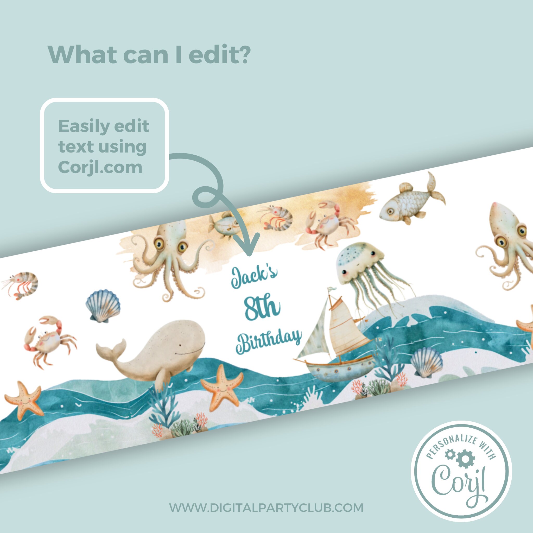 Under the Sea Water Bottle Label Template, Editable Bottle Wrapper ...