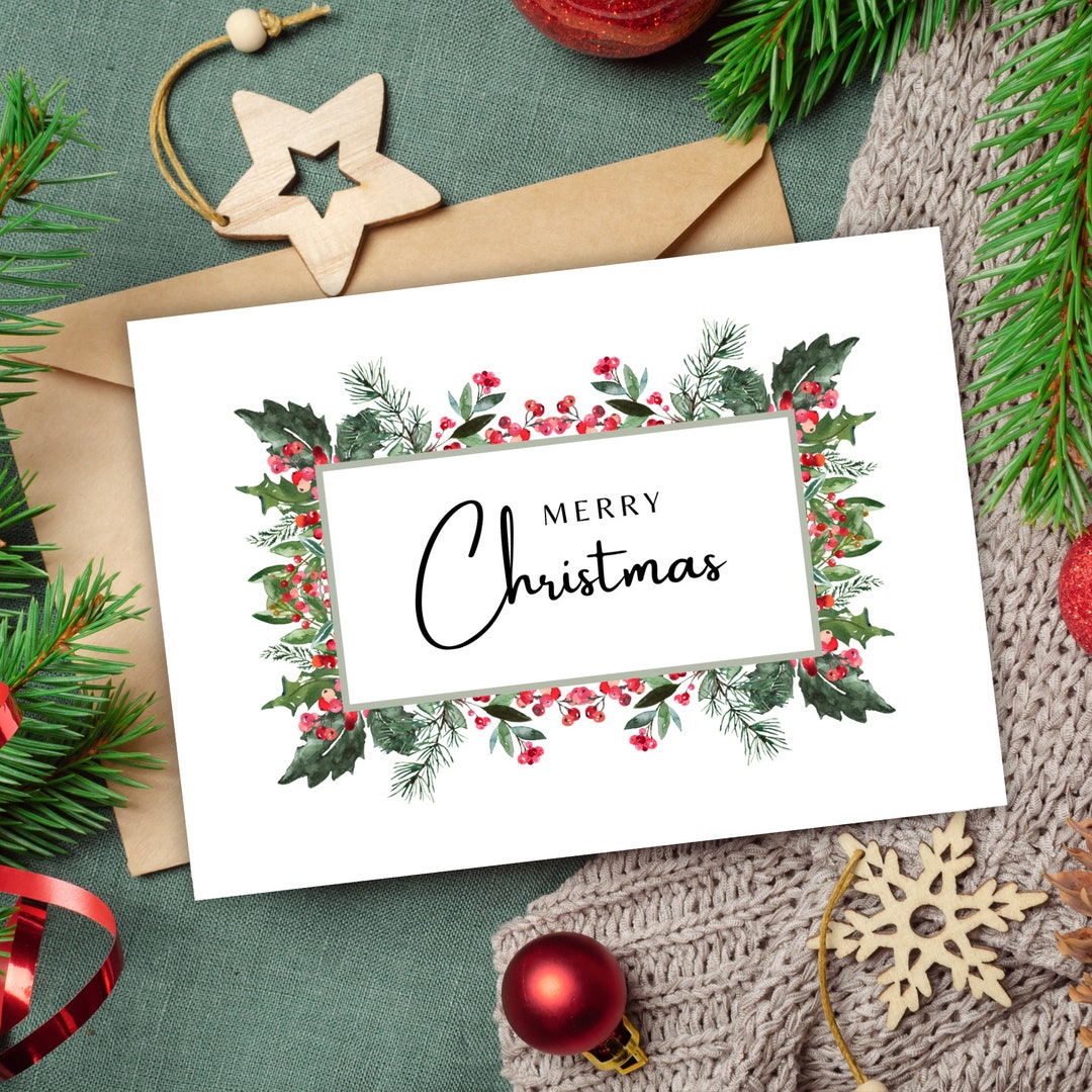 Printable Merry Christmas Card With Floral Festive Border - Holiday ...