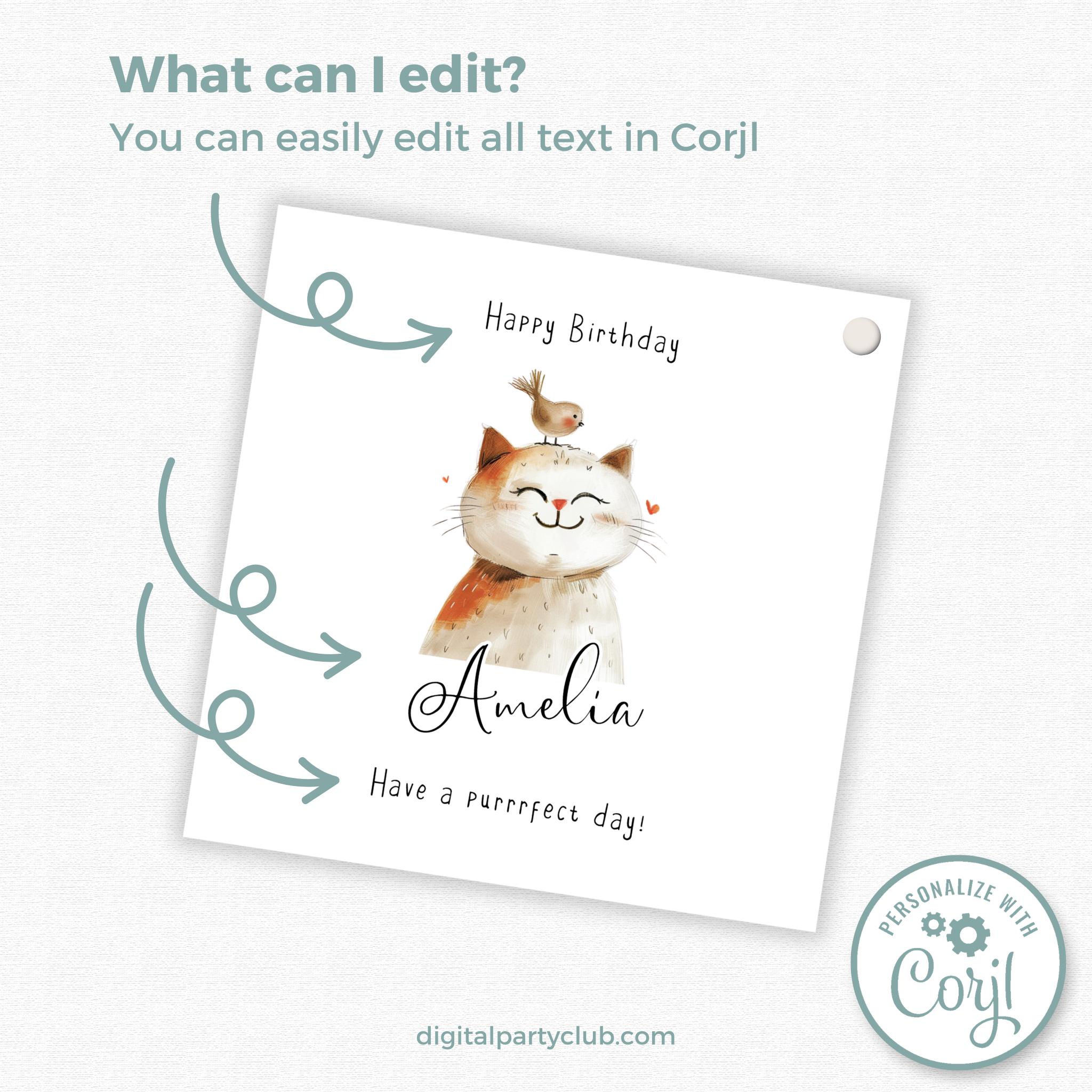 Editable Cat Birthday Gift Tag, Printable Cute Kitten Tag, Personalised ...