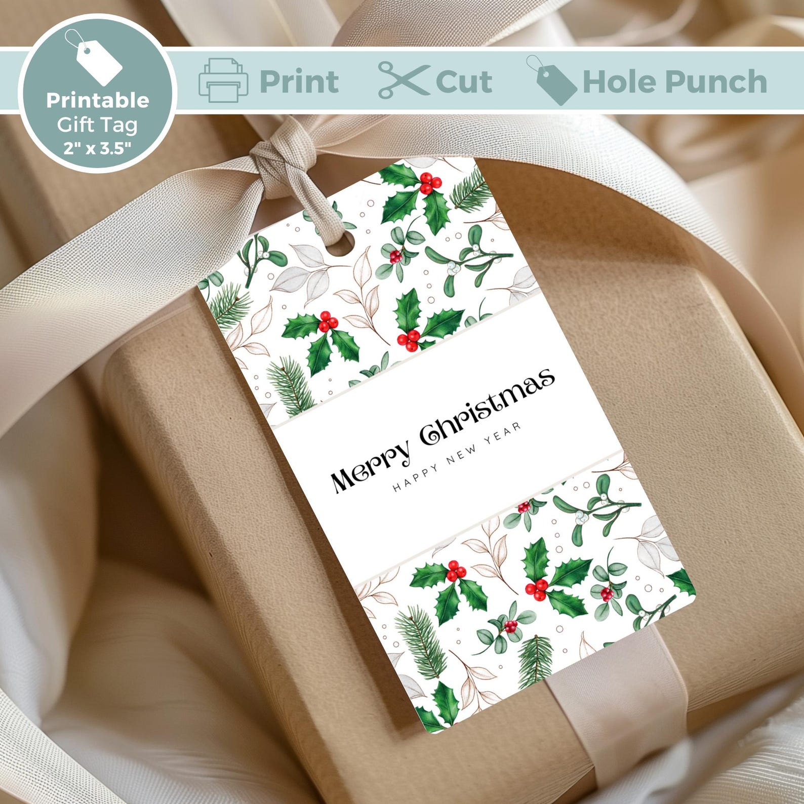 Printable Christmas Gift Tag Holly Berries and Mistletoe, Festive ...