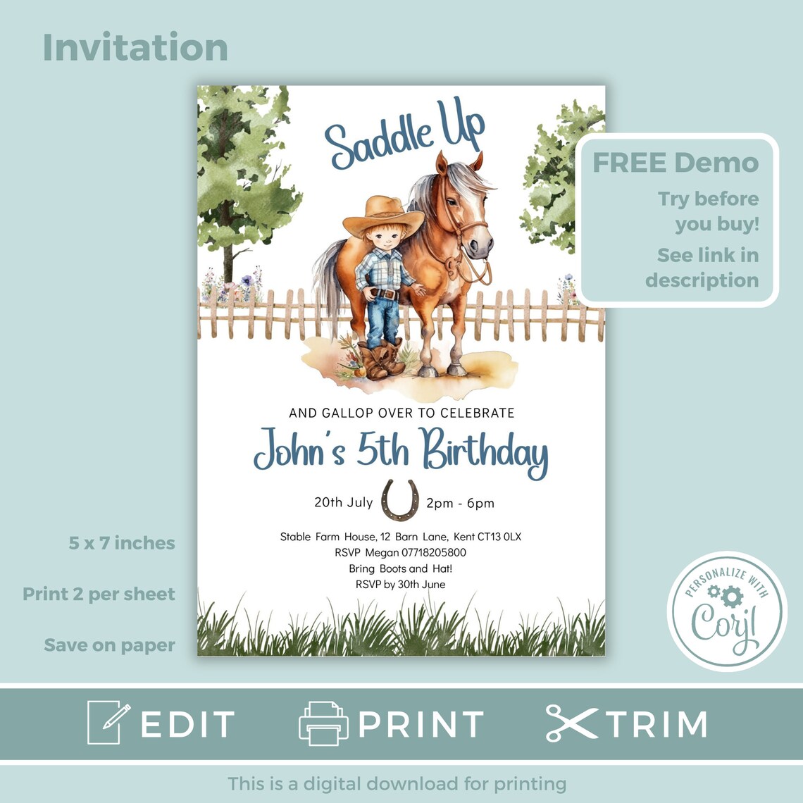 Editable Cowboy Birthday Invitation, Boy Saddle up Invite, Horse Pony ...