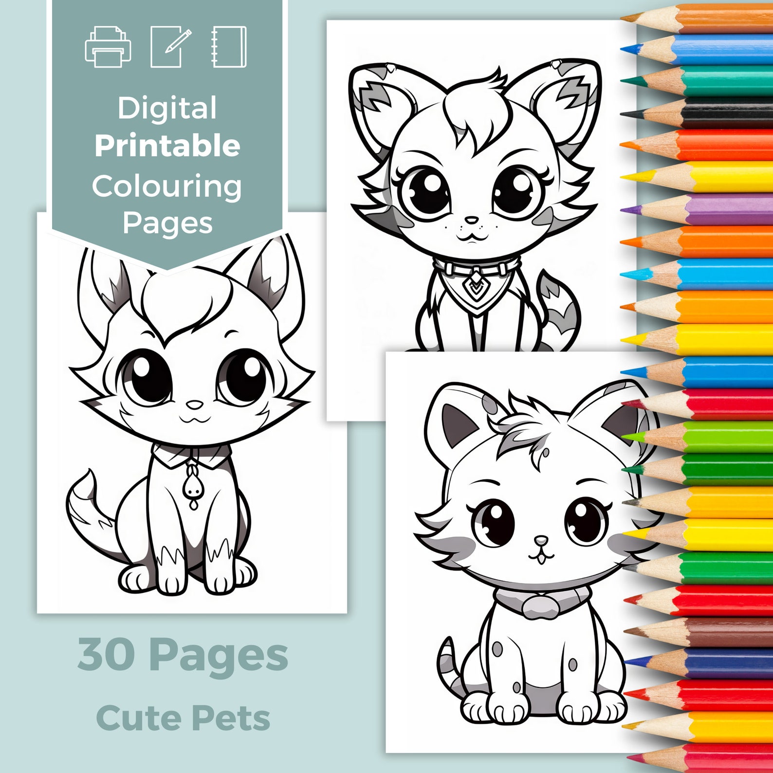30 Colouring Pages for Kids Printable, Cute Pets Colouring Pages for ...