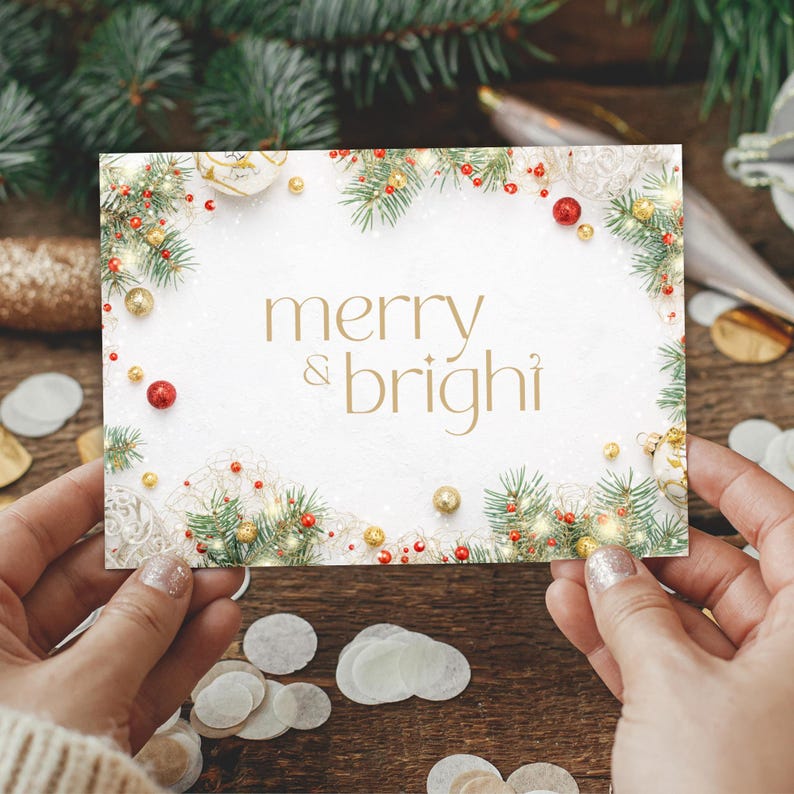 Printable Merry and Bright Christmas Card - Festive Holiday Greeting ...