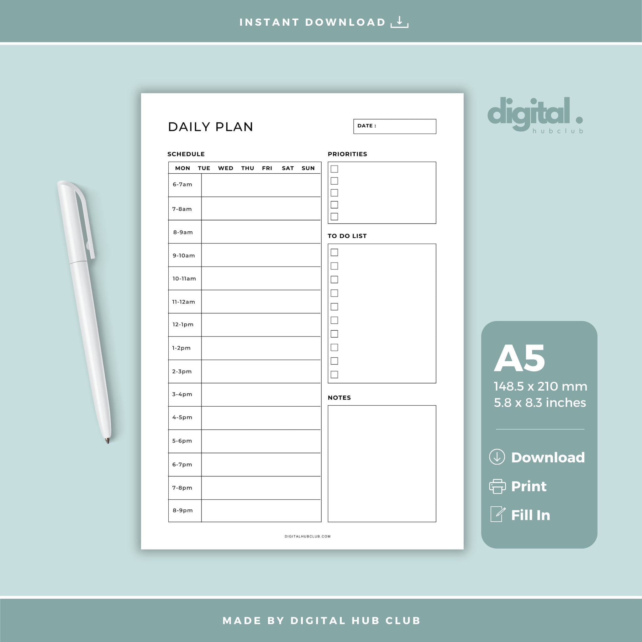 Daily Planner Printable, to Do List, Daily Schedule, Daily Plan Hour by ...