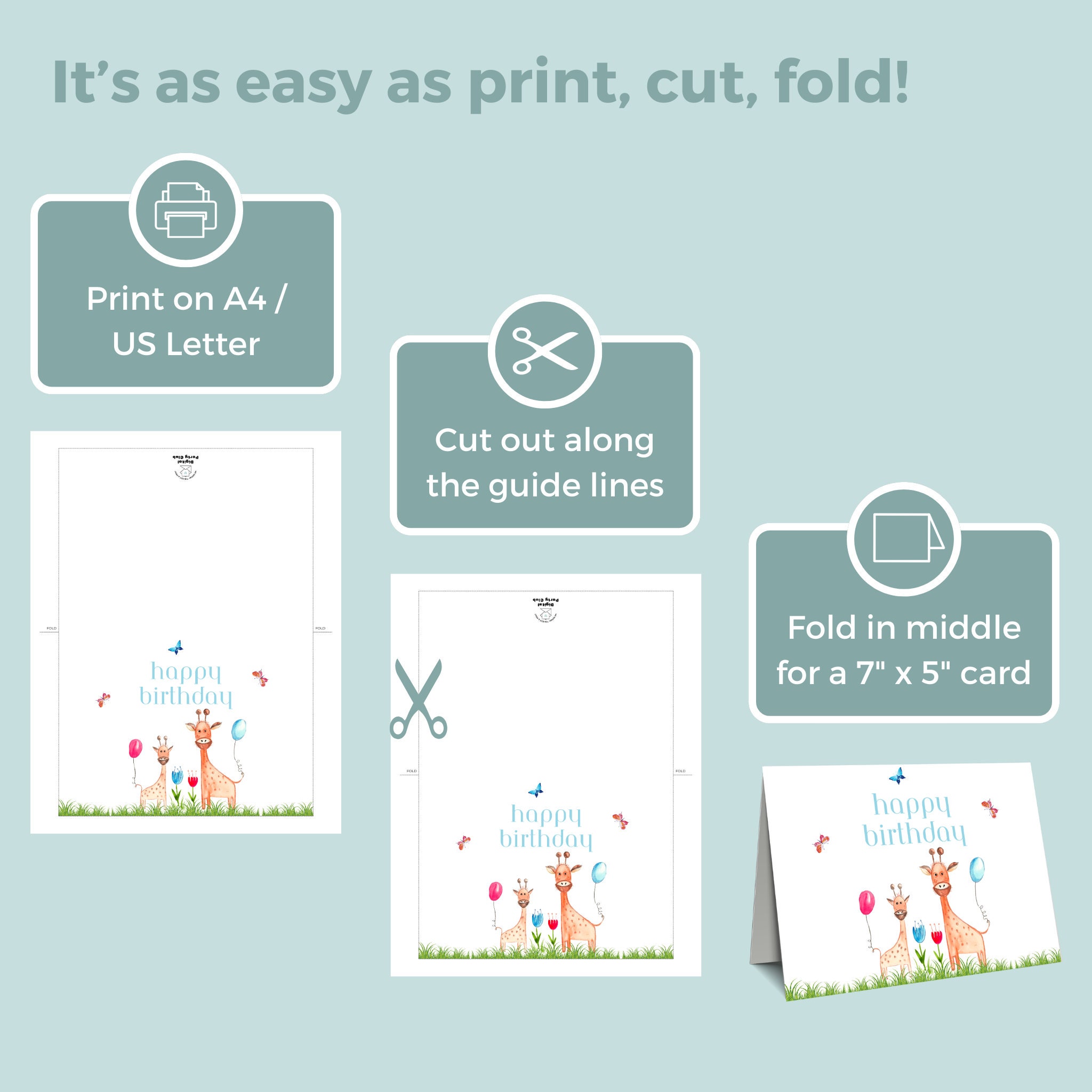 Printable Birthday Card With Giraffe, Animal Birthday Card, Kids ...