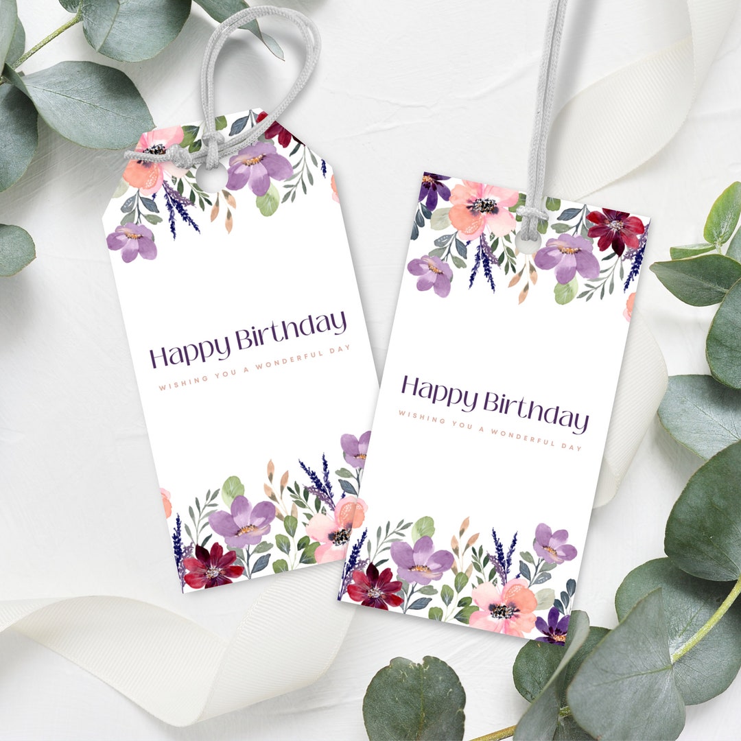 Printable Birthday Purple Flower Gift Tag, Lilac Flower Label, Pink ...