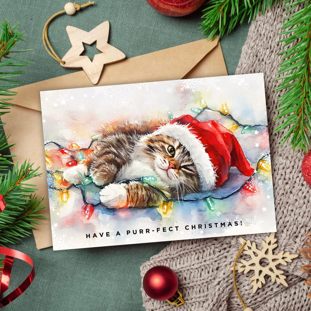 Printable Christmas Card With Cat Wearing Santa Hat Tangled in Fairy ...