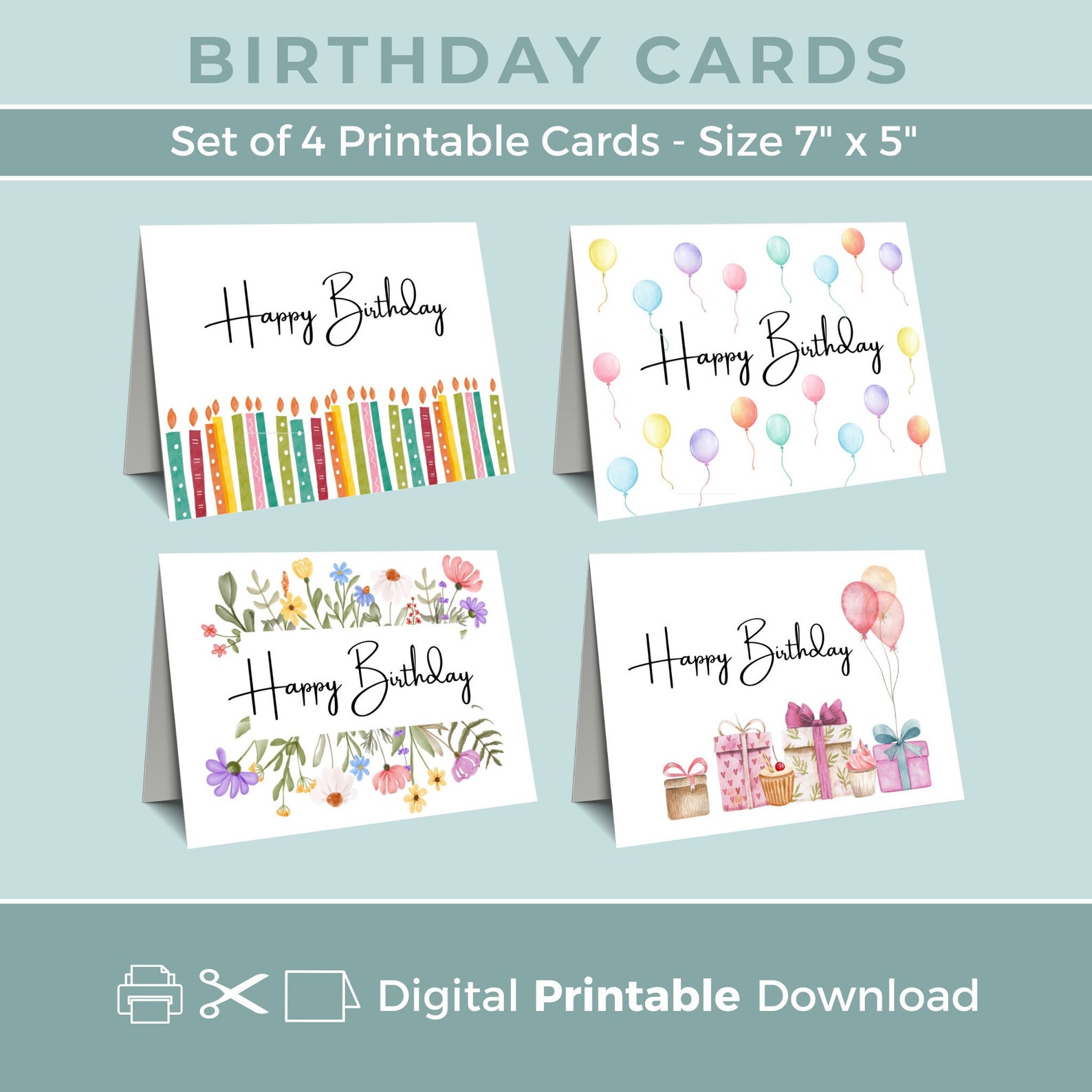 Birthday Card Set, Birthday Card Bundle, Set of 4 Printable Birthday ...