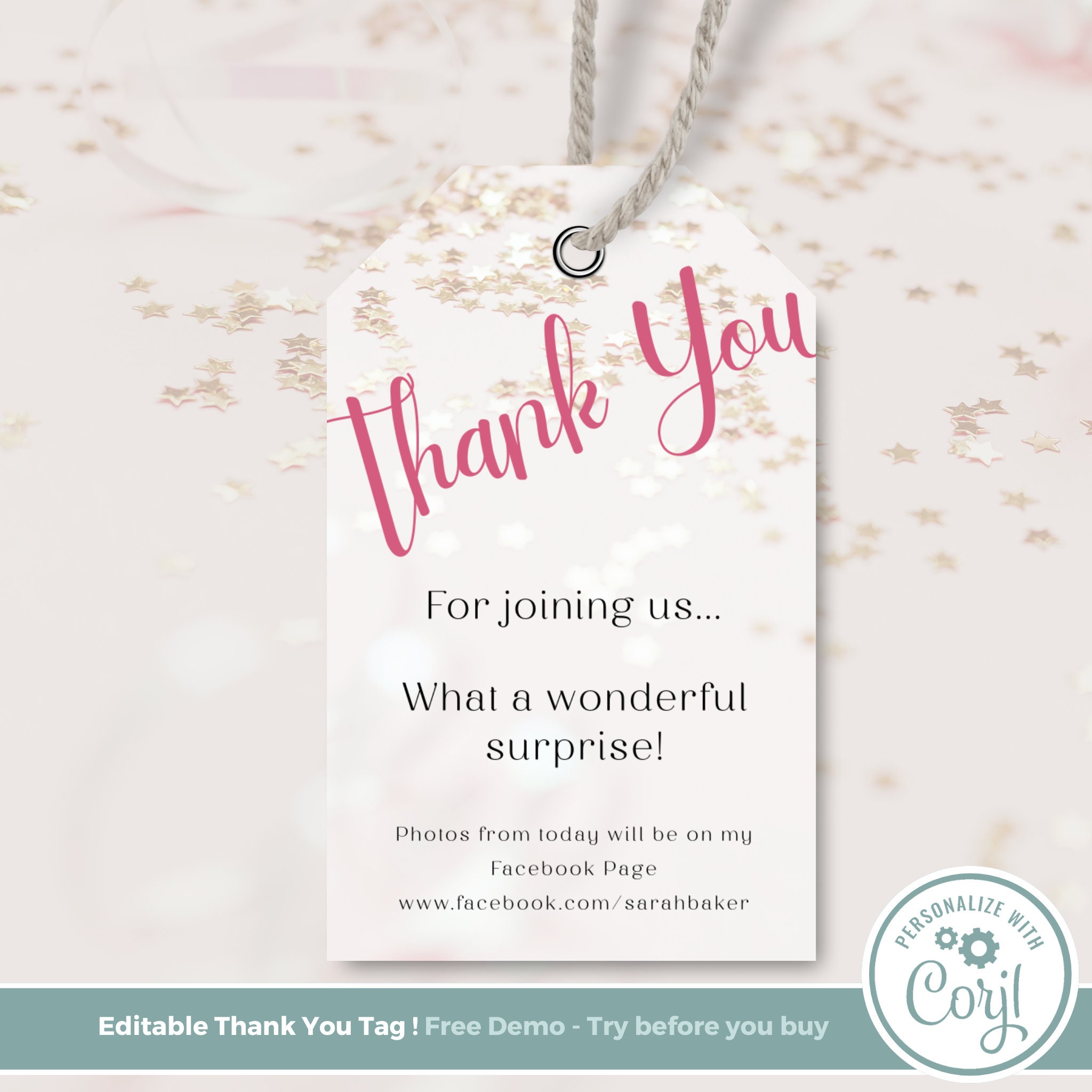 Surprise Birthday Thank You Tag, Party Thank You Tag, Editable Template ...