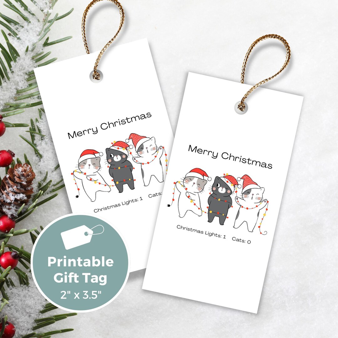 Funny Christmas Cat Gift Tag Printable, Cute Cats With Christmas Lights ...
