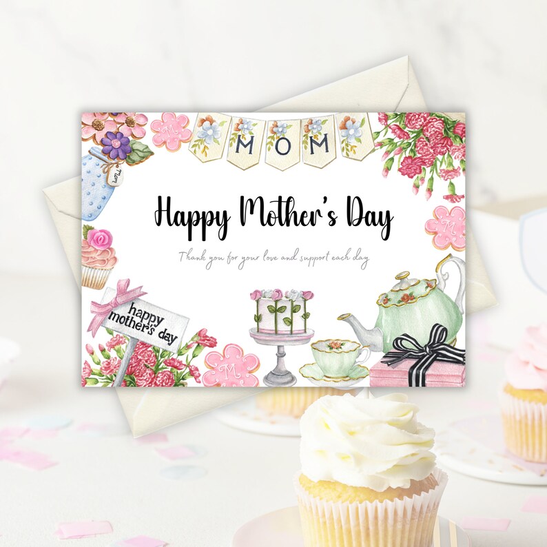 Printable Mothers Day Card, Tea Party Mothers Day Card, DIY Greeting ...