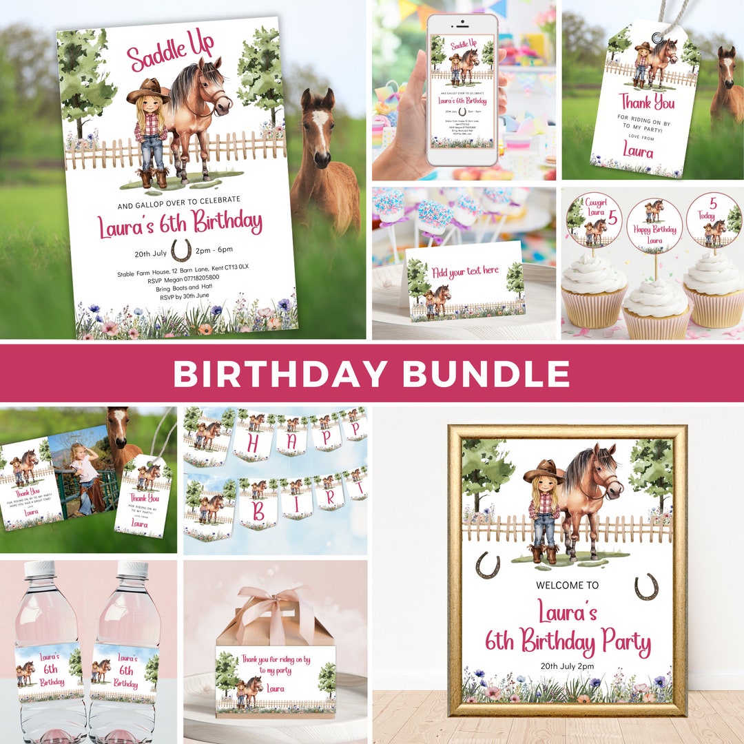 Saddle up Girl Birthday Invitation Bundle, Cowgirl Theme Party Decor ...