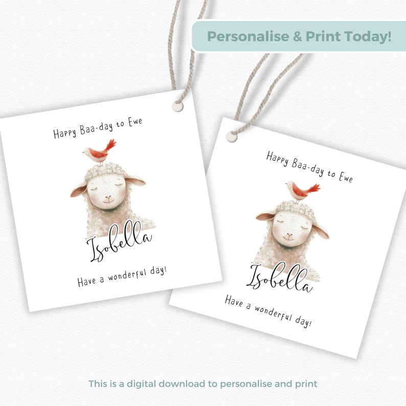 Editable Sheep Birthday Gift Tag, Cute Farm Animal Party Favour ...