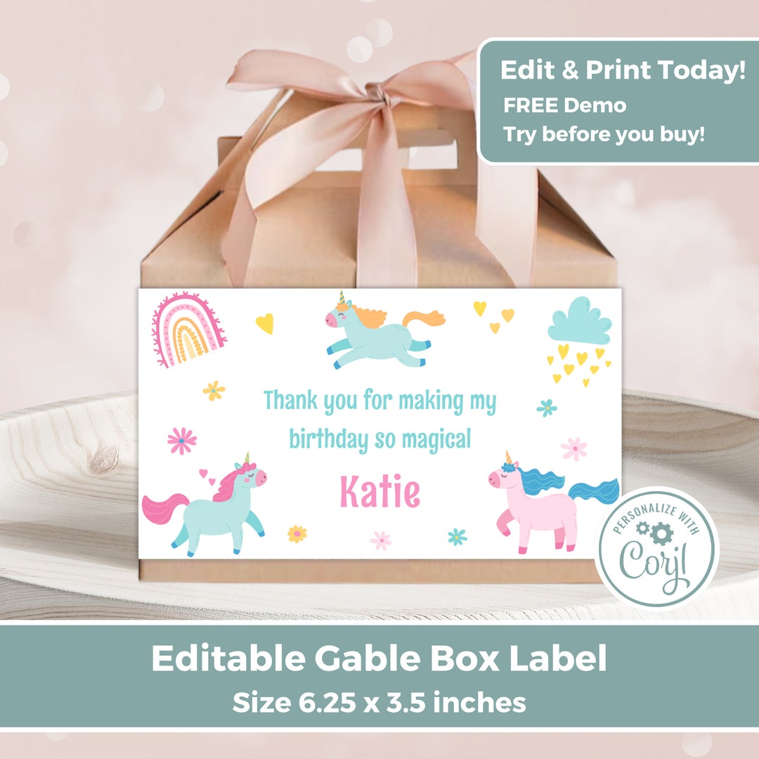 Unicorn Gable Box Label Template, Unicorn Pink Birthday Favor Box Label ...