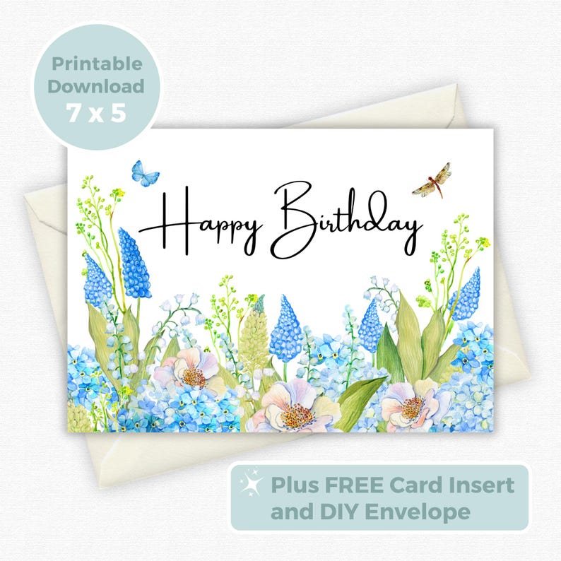 Printable Birthday Card With Spring Flowers, Happy Birthday Floral Card ...