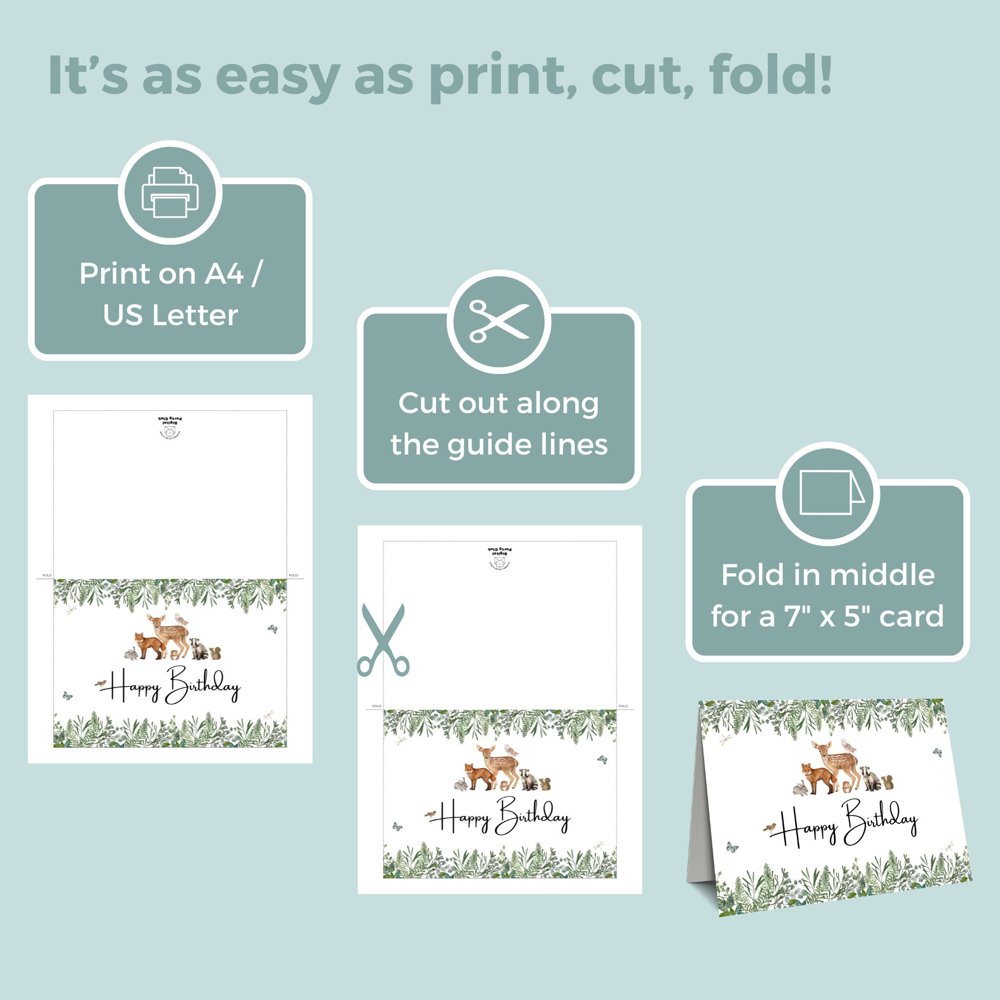 Printable Birthday Card With Woodland Animals, Woodland Scene Instant ...