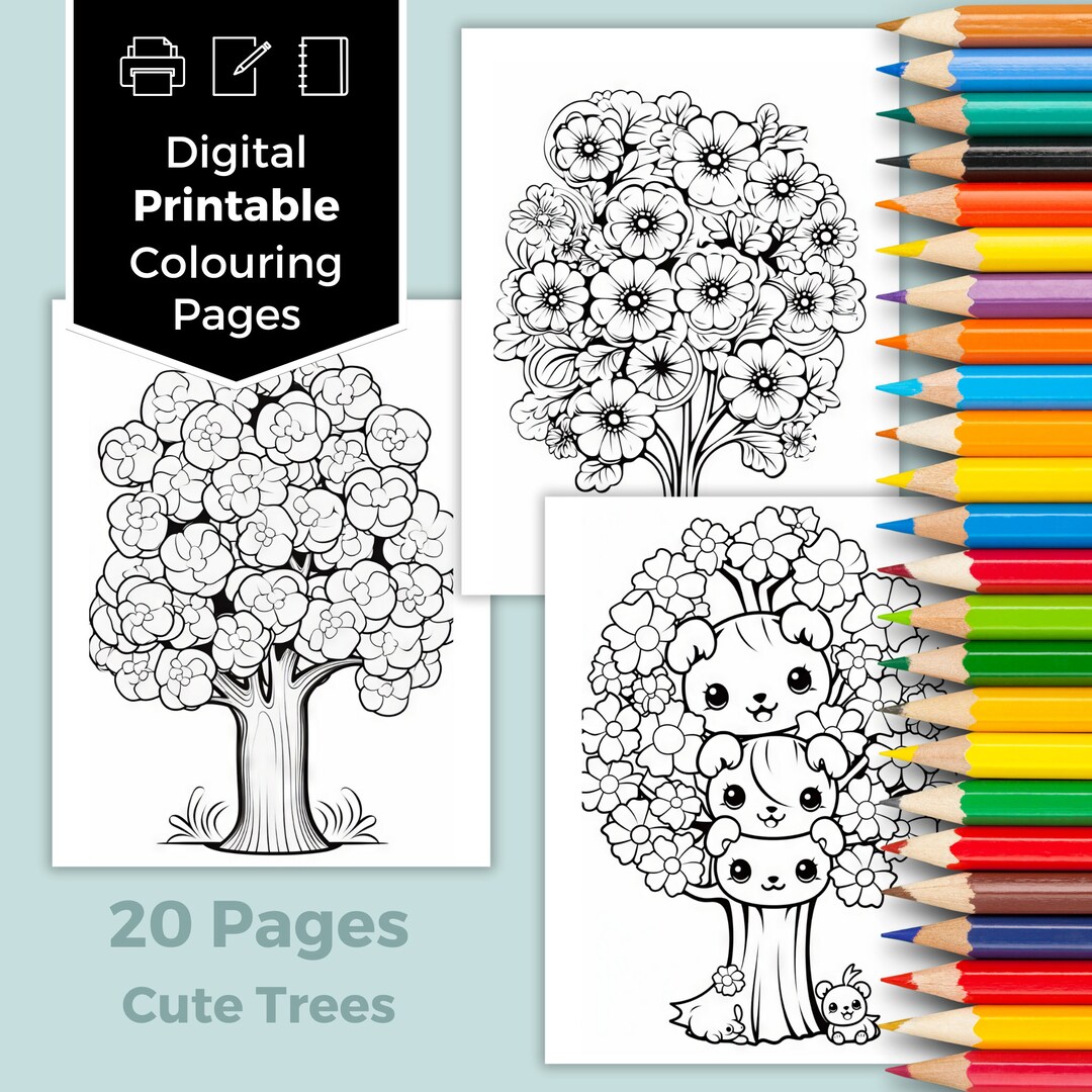 20 Colouring Pages for Kids Printable Cute Trees Colouring - Etsy