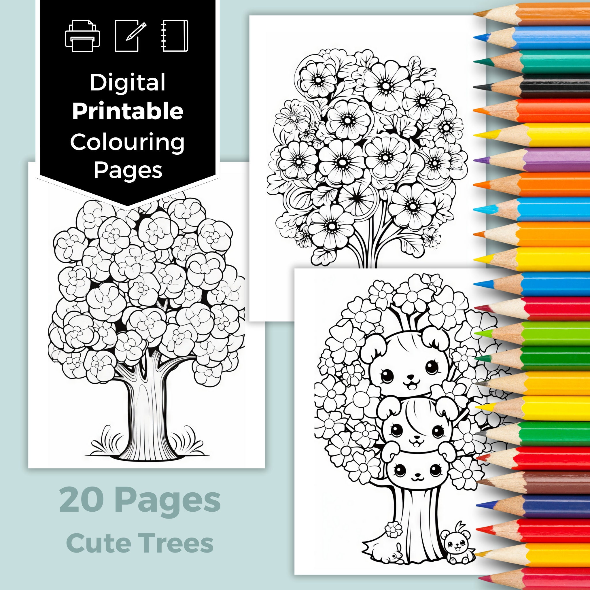 20 Colouring Pages for Kids Printable Cute Trees Colouring - Etsy