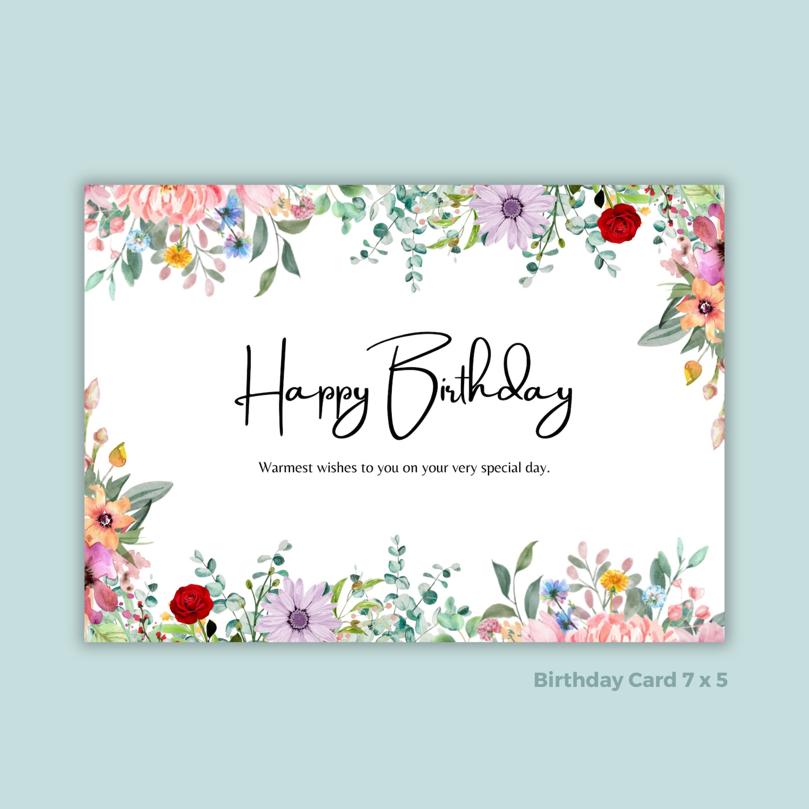 Printable Birthday Card With Flowers, Floral Birthday Card, Printable ...