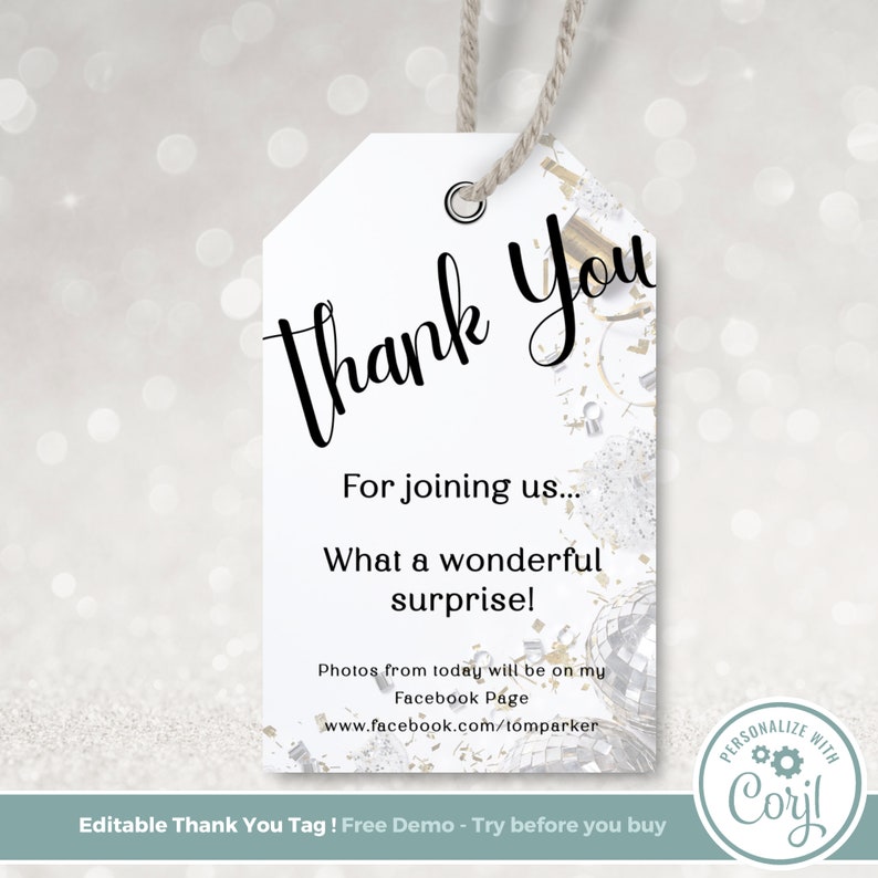 Surprise Birthday Thank You Tag, Party Thank You Tag, Editable Template ...