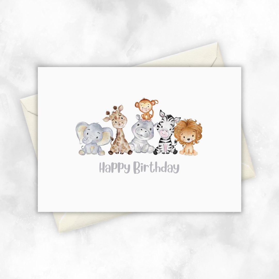 Printable Birthday Card With Jungle Animals, Cute Safari Watercolour ...
