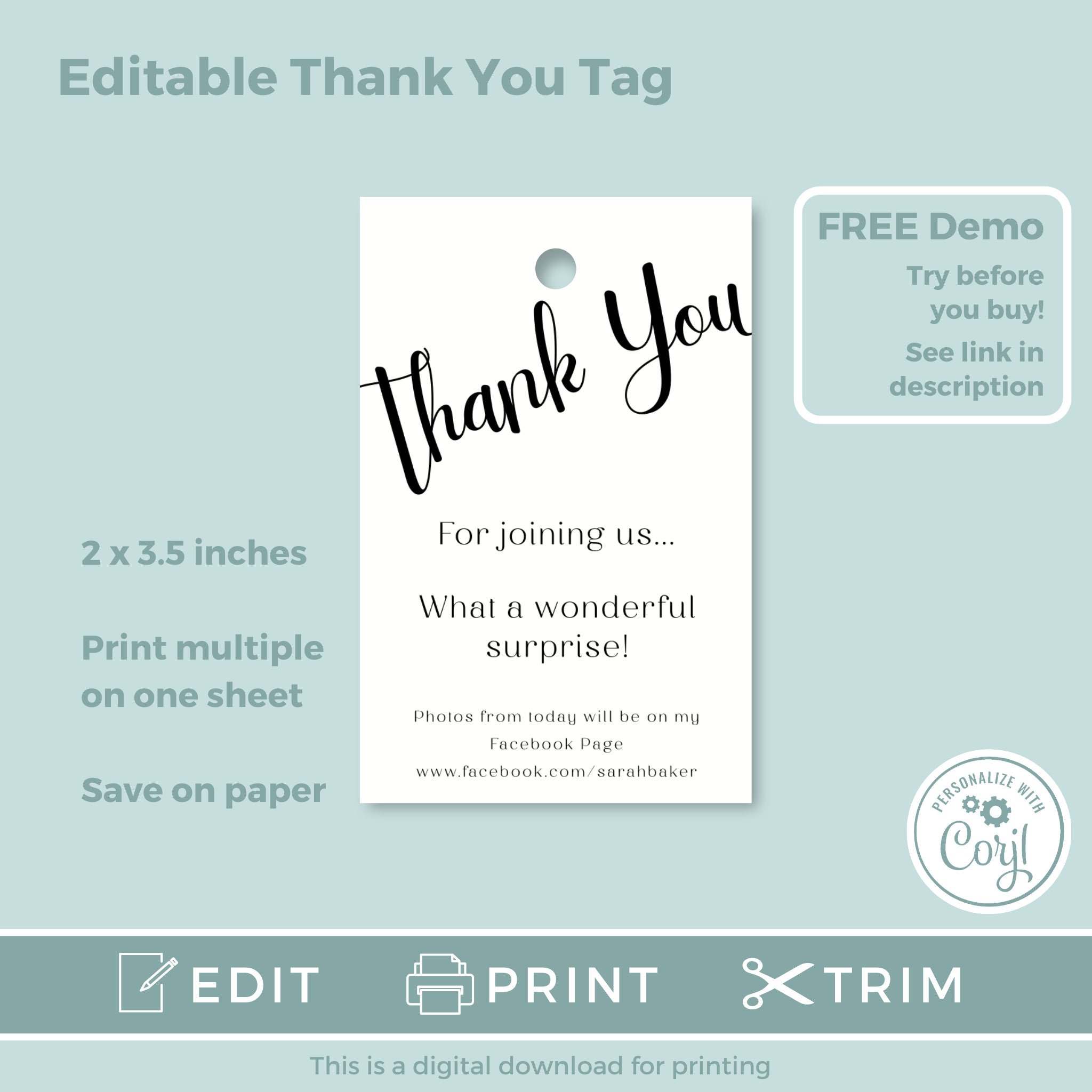 Surprise Birthday Thank You Tag, Party Thank You Tag, Editable Template ...