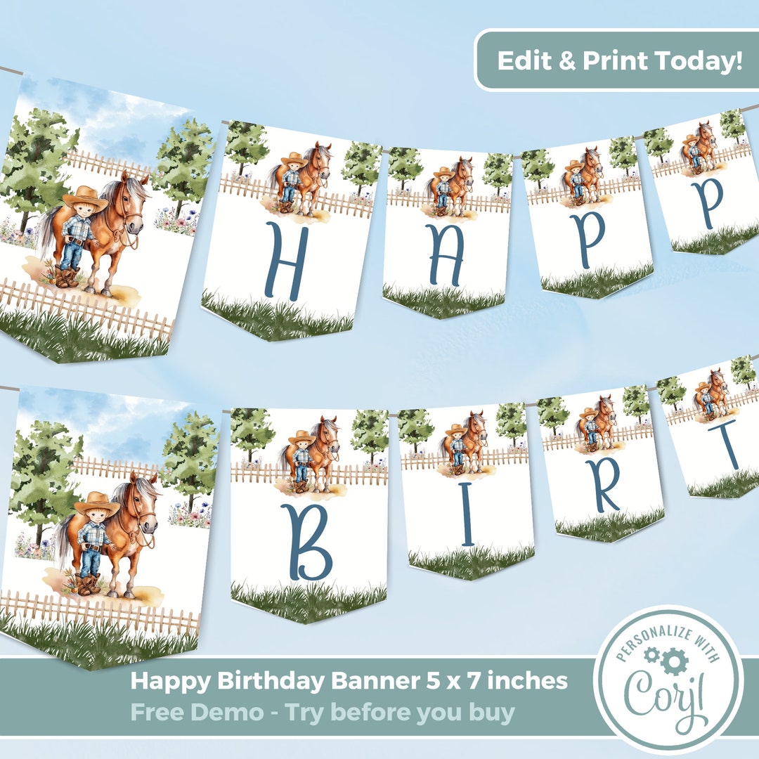 Saddle up Boy Happy Birthday Banner, Editable Banner Party Decorations ...