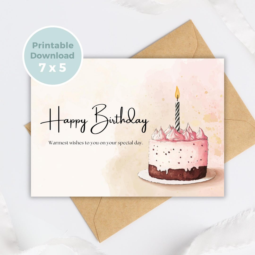 Printable Birthday Card With Cake – 7x5 Digital Download, Includes Free ...