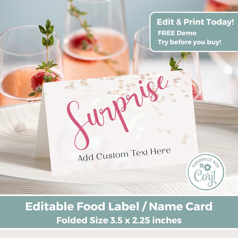 Editable Surprise Pink Food Buffet Label Tent Card Food Place Cards ...