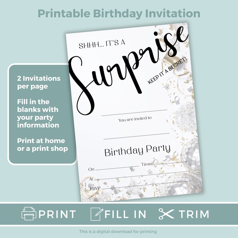 Printable Surprise Birthday Invitation, Fill in Birthday Party ...