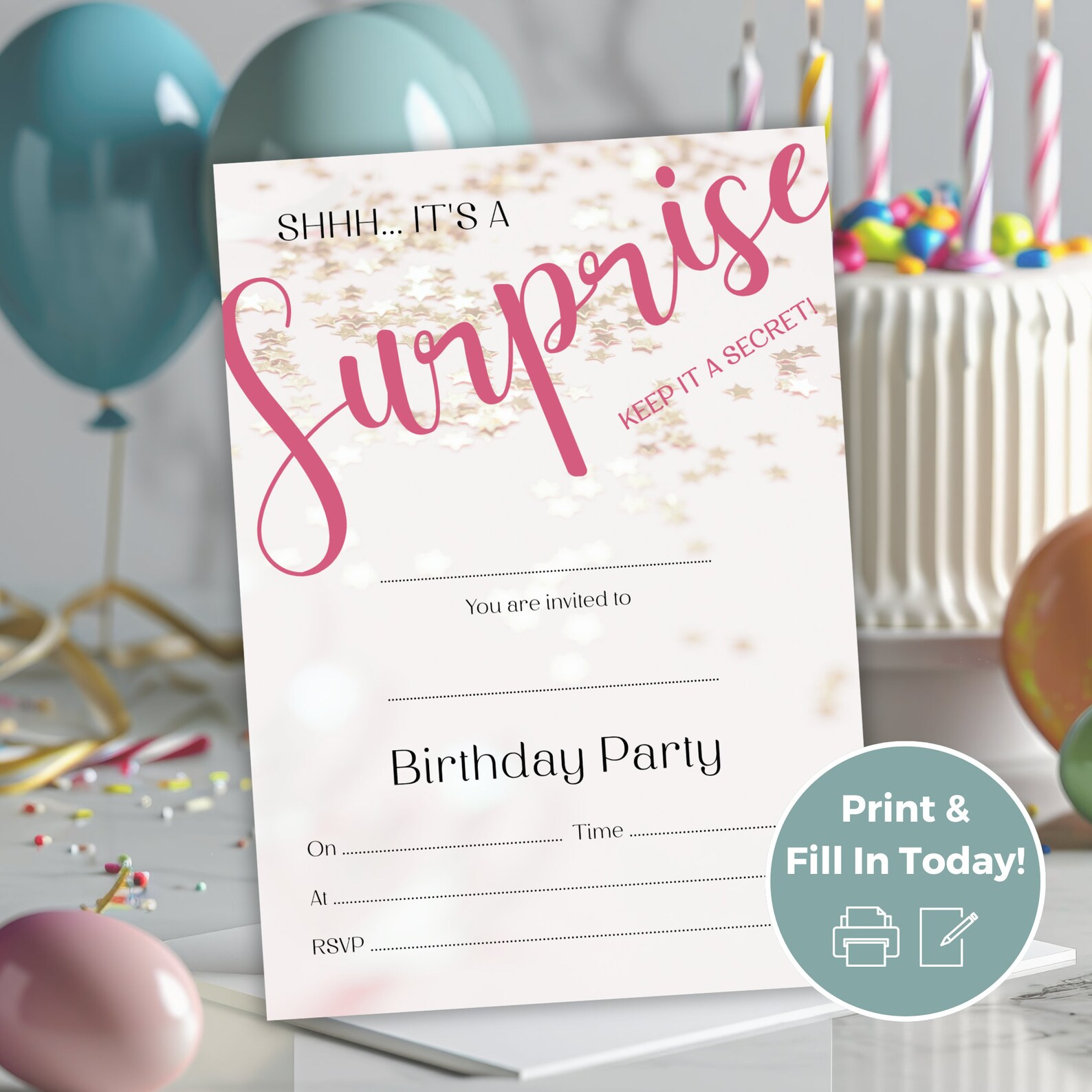 Printable Surprise Pink Birthday Invitation, Fill in Birthday Party ...