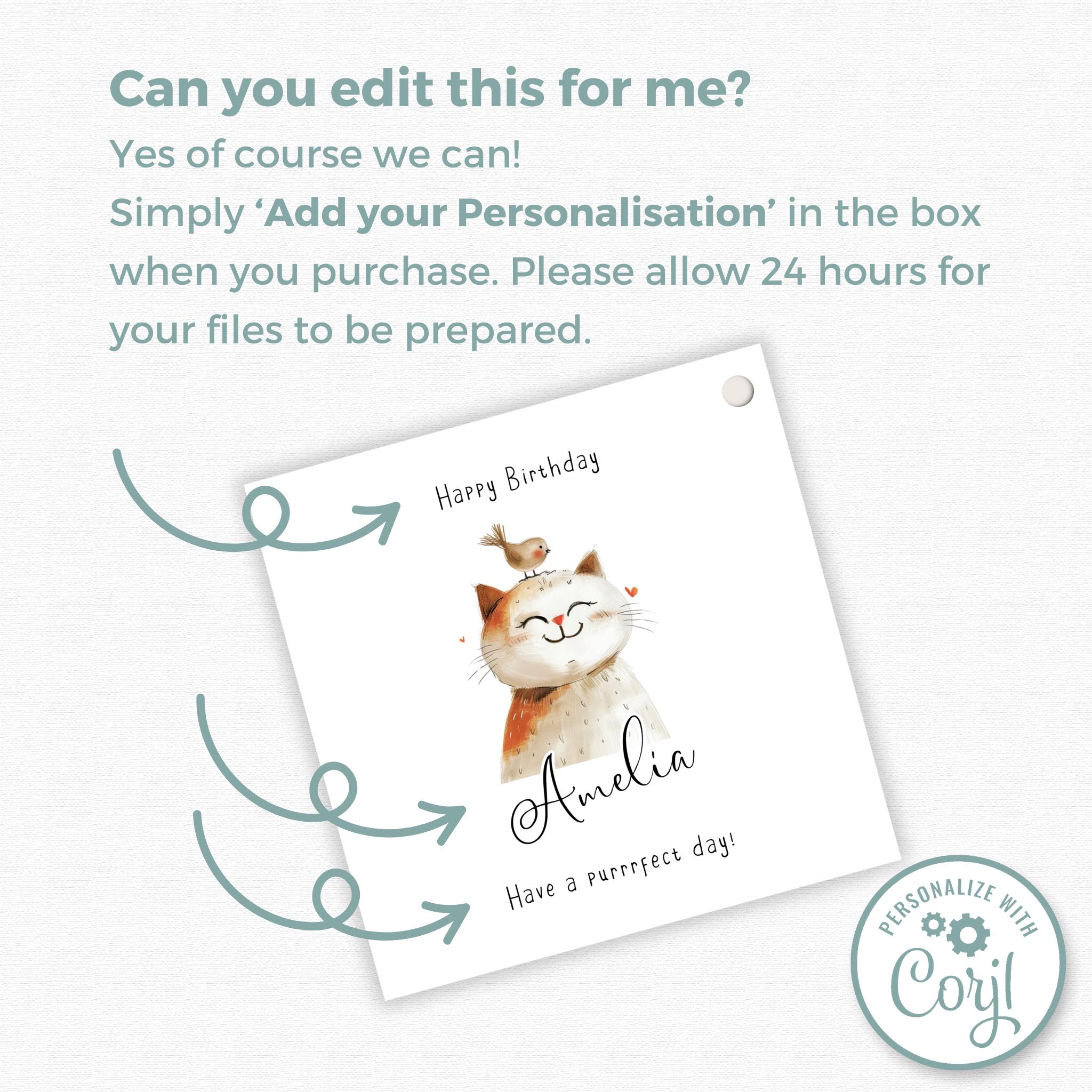 Editable Cat Birthday Gift Tag, Printable Cute Kitten Tag, Personalised ...