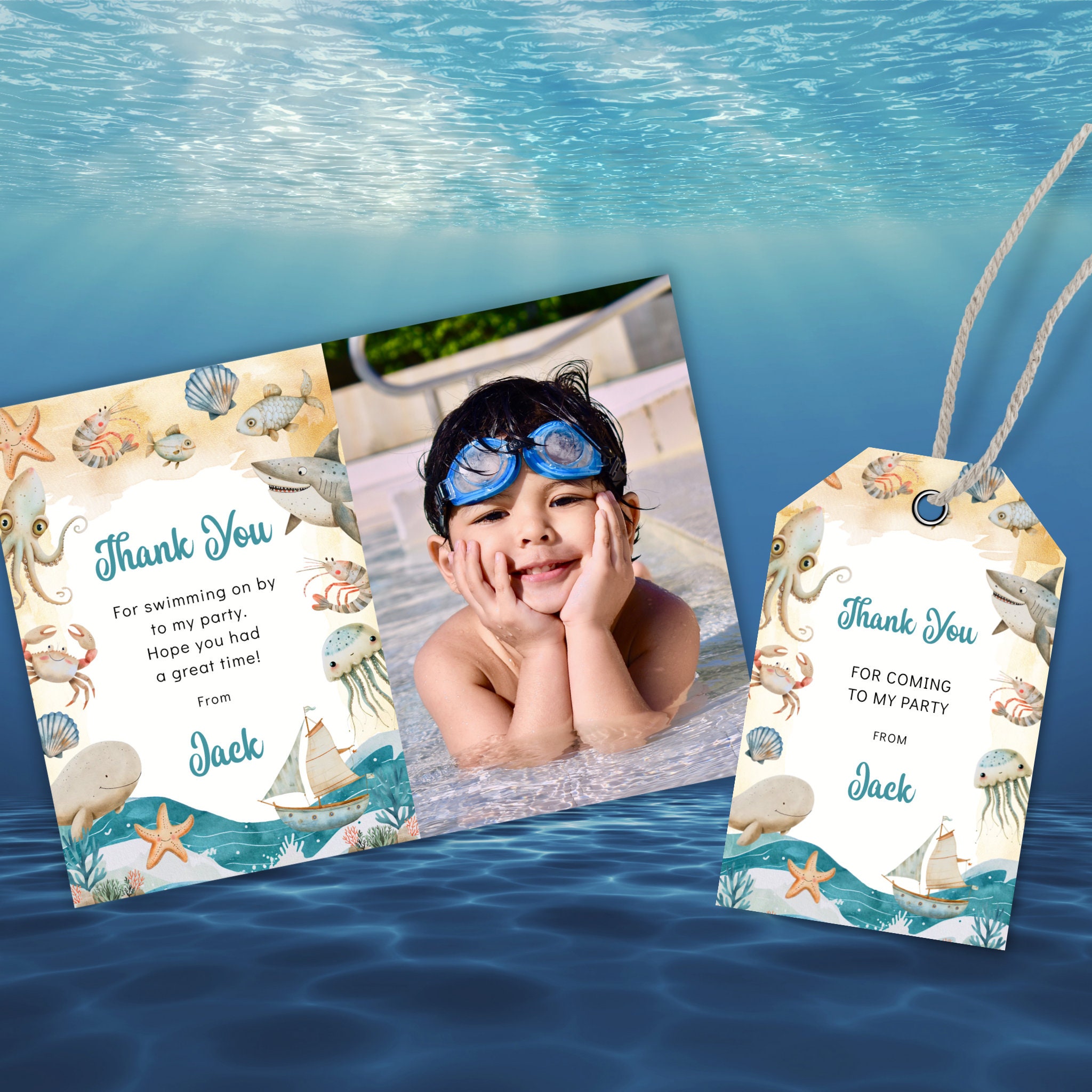 Editable Under the Sea Thank You Card, Swimming Party Thank You Tag ...