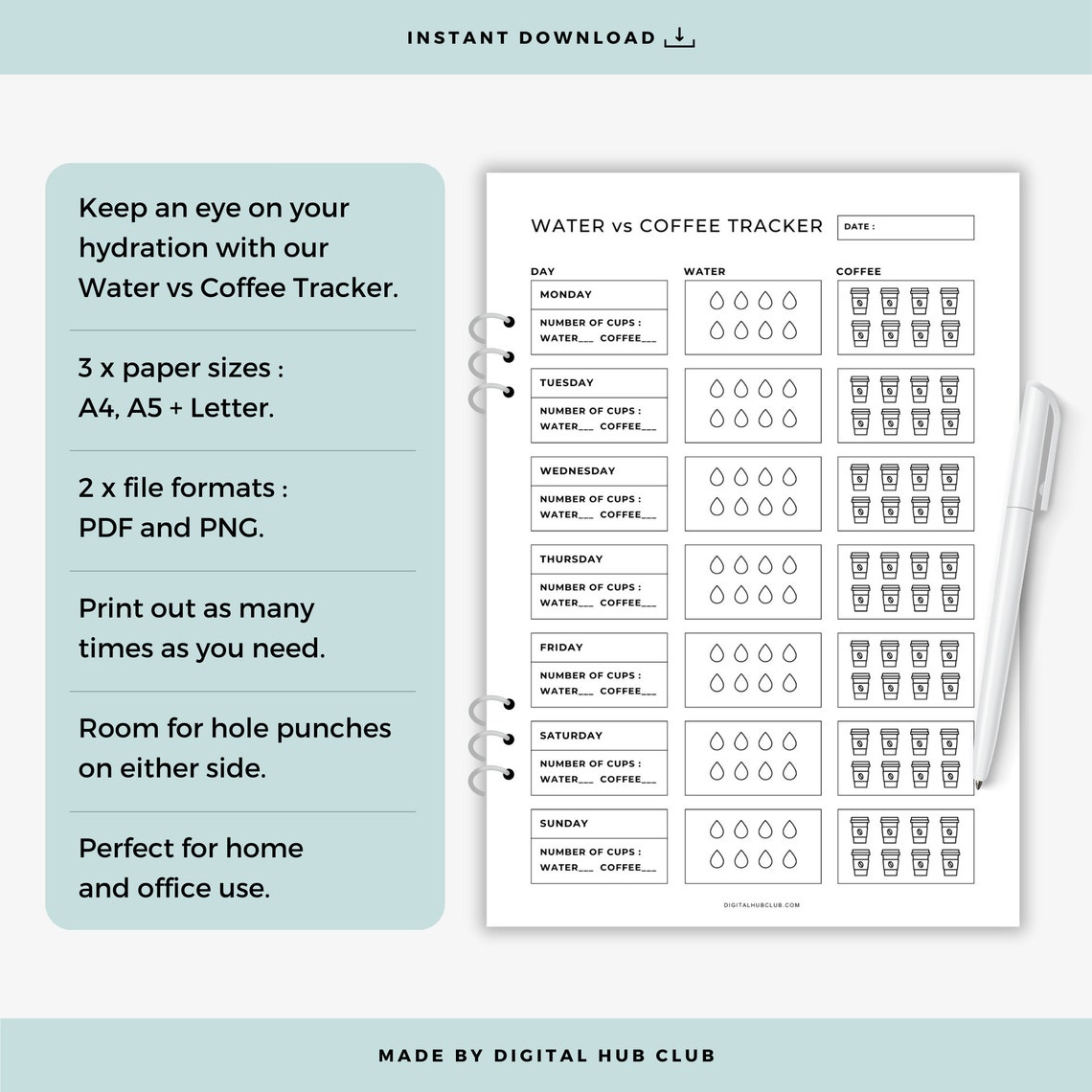 Weekly Water Hydration Tracker, Water Vs Coffee Intake Tracker, Daily ...