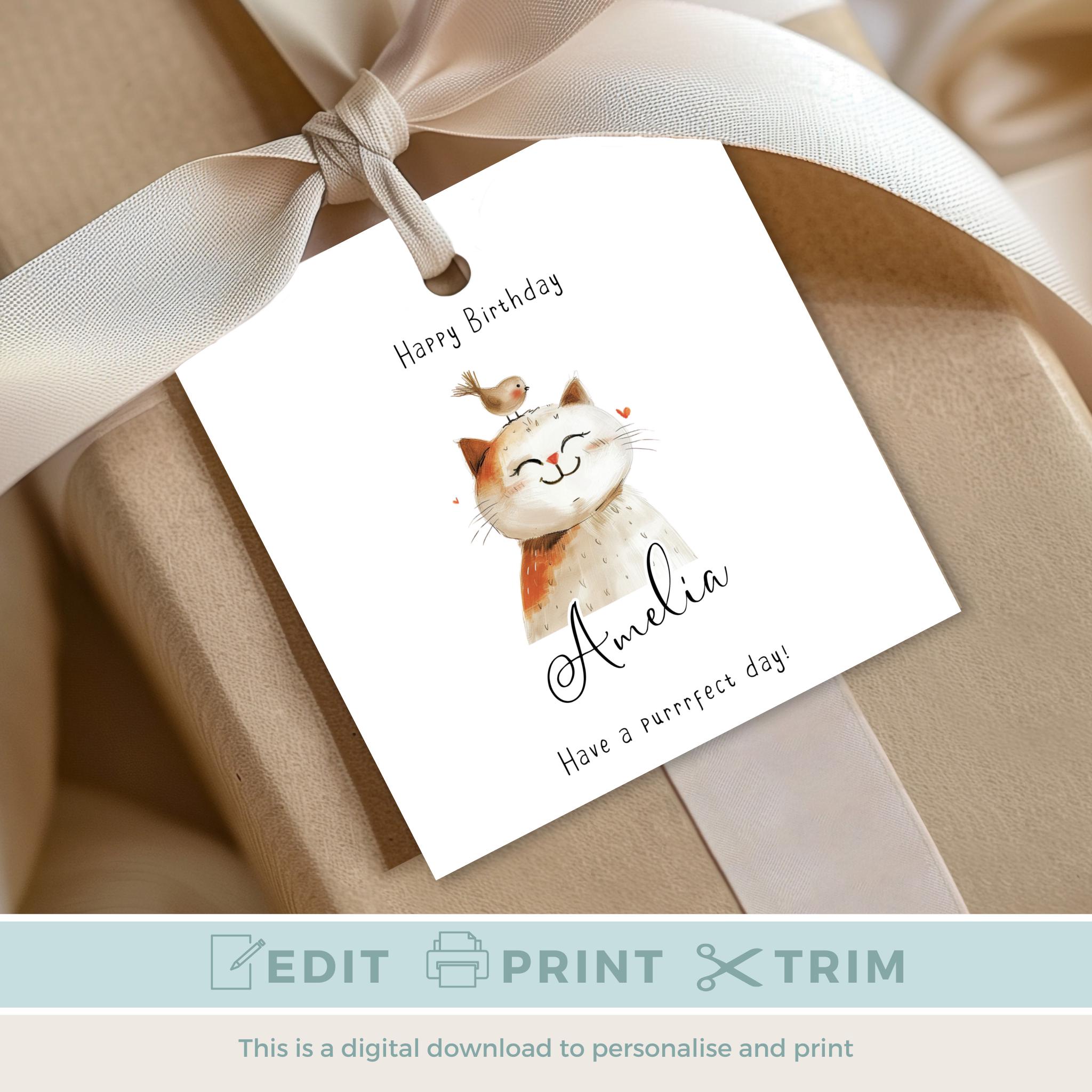 Editable Cat Birthday Gift Tag, Printable Cute Kitten Tag, Personalised ...