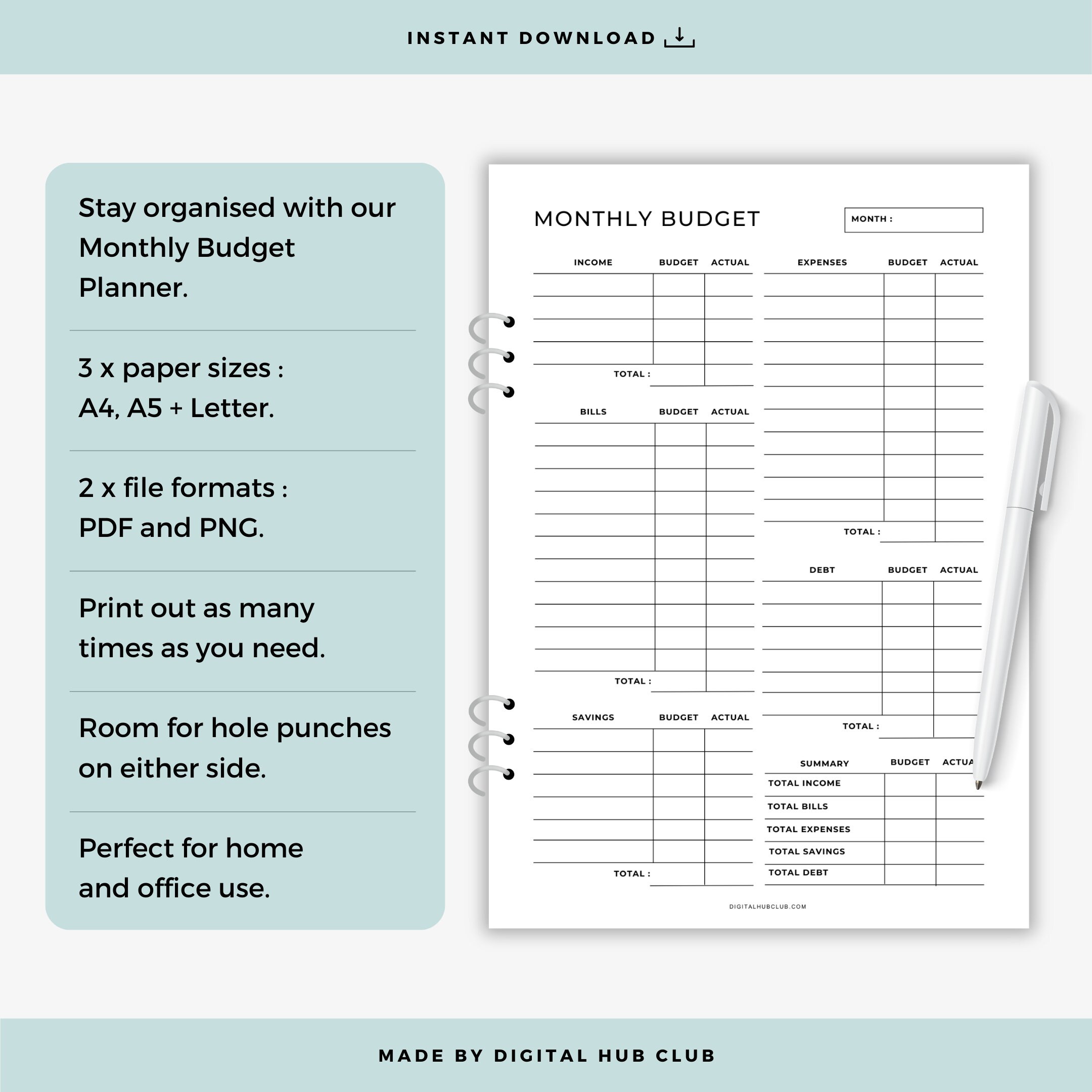 Printable Monthly Budget Planner, Expense Tracker, Financial Organiser ...